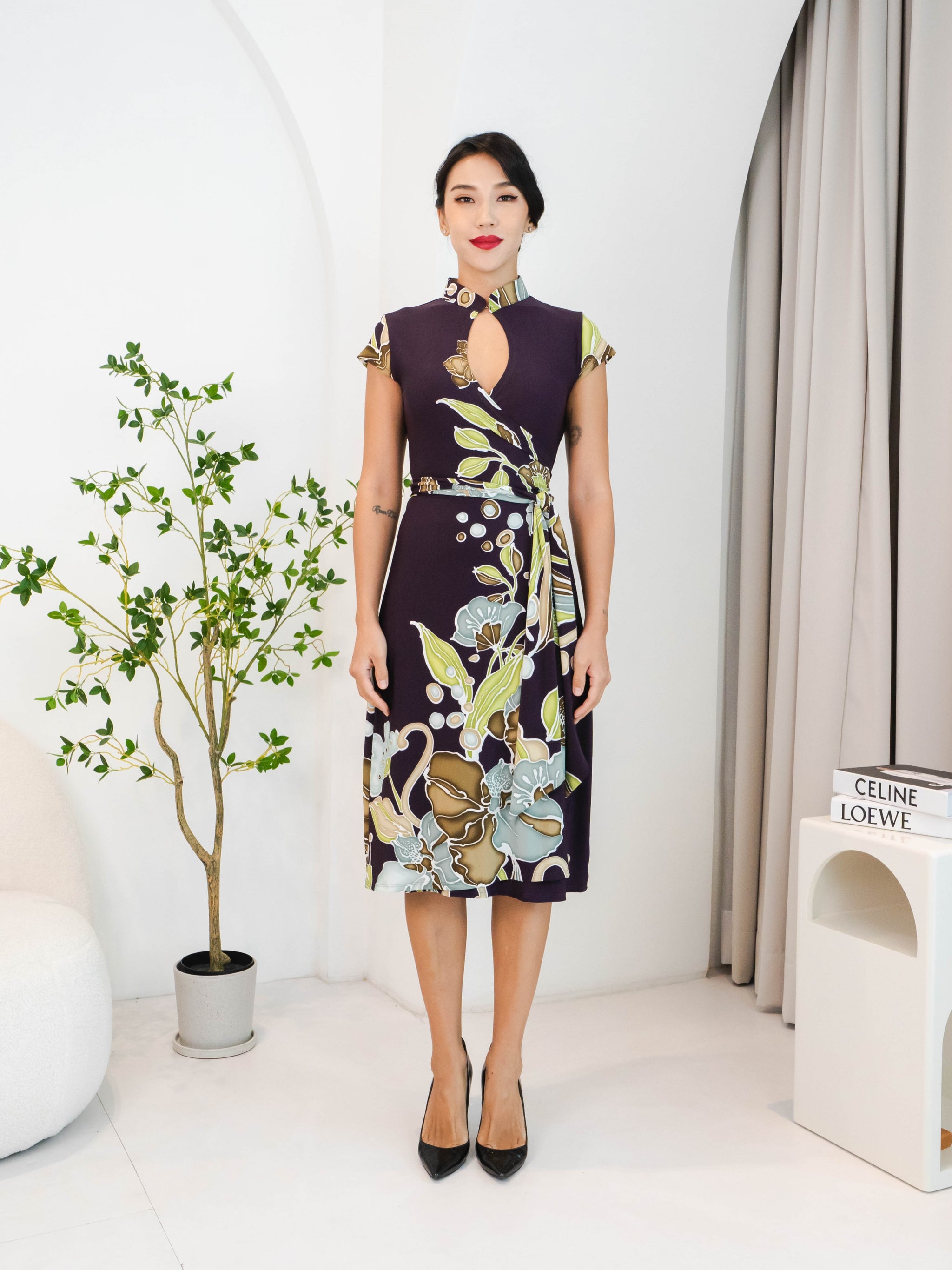 LIMITED EDITION: Rafflesia Batik Mandarin Collar Wrap Dress (Aubergine ...