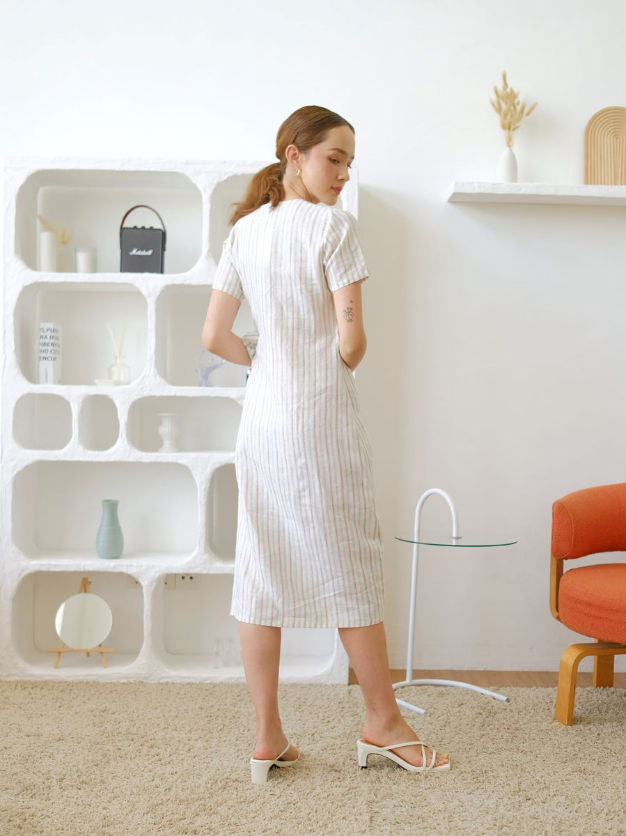 100% Linen Side-Tie Dress (Wheat Stripes) – Florette The Label